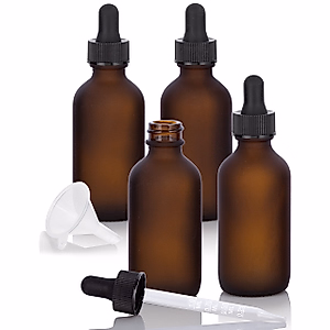 JUVITUS 2 oz Frosted Amber Glass Boston Round Graduated Measurement Glass Dropper Bottle (4 pack) + Funnel