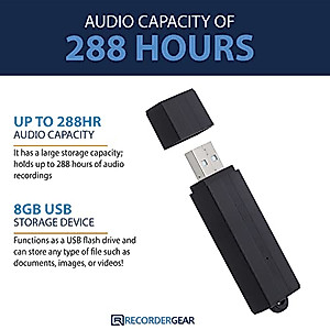RecorderGear FD50 Mini USB Flash Drive Voice Recorder 8GB Voice Activated Recorder, 25-Day Battery, Time/Date Stamp, Records While Plugged in, Dual Recording Mode Switch Digital Audio Recording Device