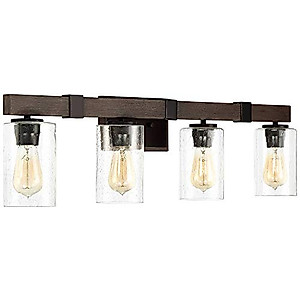 Franklin Iron Works Poetry Industrial Farmhouse Rustic Wall Light Bronze Wood Grain Hardwired 34" 4-Light Fixture Clear Seedy Glass Shade for Bedroom Bedside Bathroom Vanity Living Room Hallway