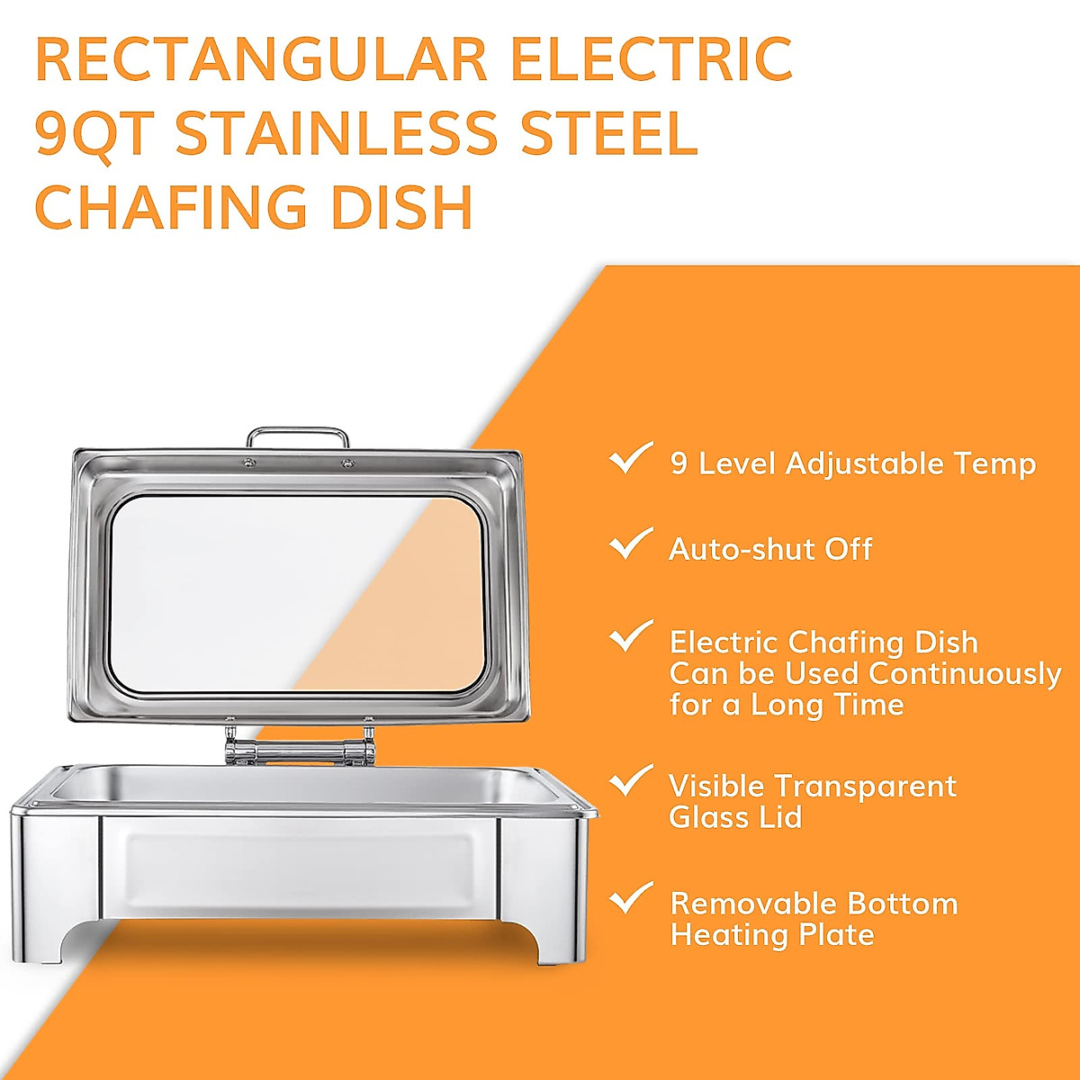 BOOMY LINS Electric Chafing Dish 9QT 2-in-1 Roll Top Rectangle Full Size Auto ShutOff Stainless Steel Buffet Servers and Warmers, 9 Heating level Food Warmer Transparent Glass Lid Chafers for Catering