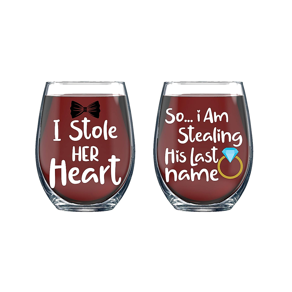 I Stole Her Heart So I'm Stealing - 15oz Wine Glass Set of 2 Fiance Fiancee Funny Wedding Engagement Gifts Idea for Husband Wife Bride Groom Mr and Mrs His and Hers Anniversary Couple - By Funnwear