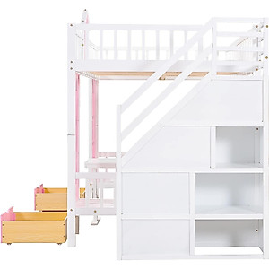 MERITLINE Full Loft Beds with Stairs and Desk, Wooden Castle Shaped Full Over Full Bunk Bed with Changeable Desk,Storage Bunk Bed with Drawers for Kids Girls Boys Teens, Pink