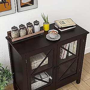 RASOO Sideboard Cabinet Display Buffet Storage Cabinet with Double Framed Glass Doors Entry Cabinet for Home Kitchen Dining Room, Cupboard Console Table, Espresso