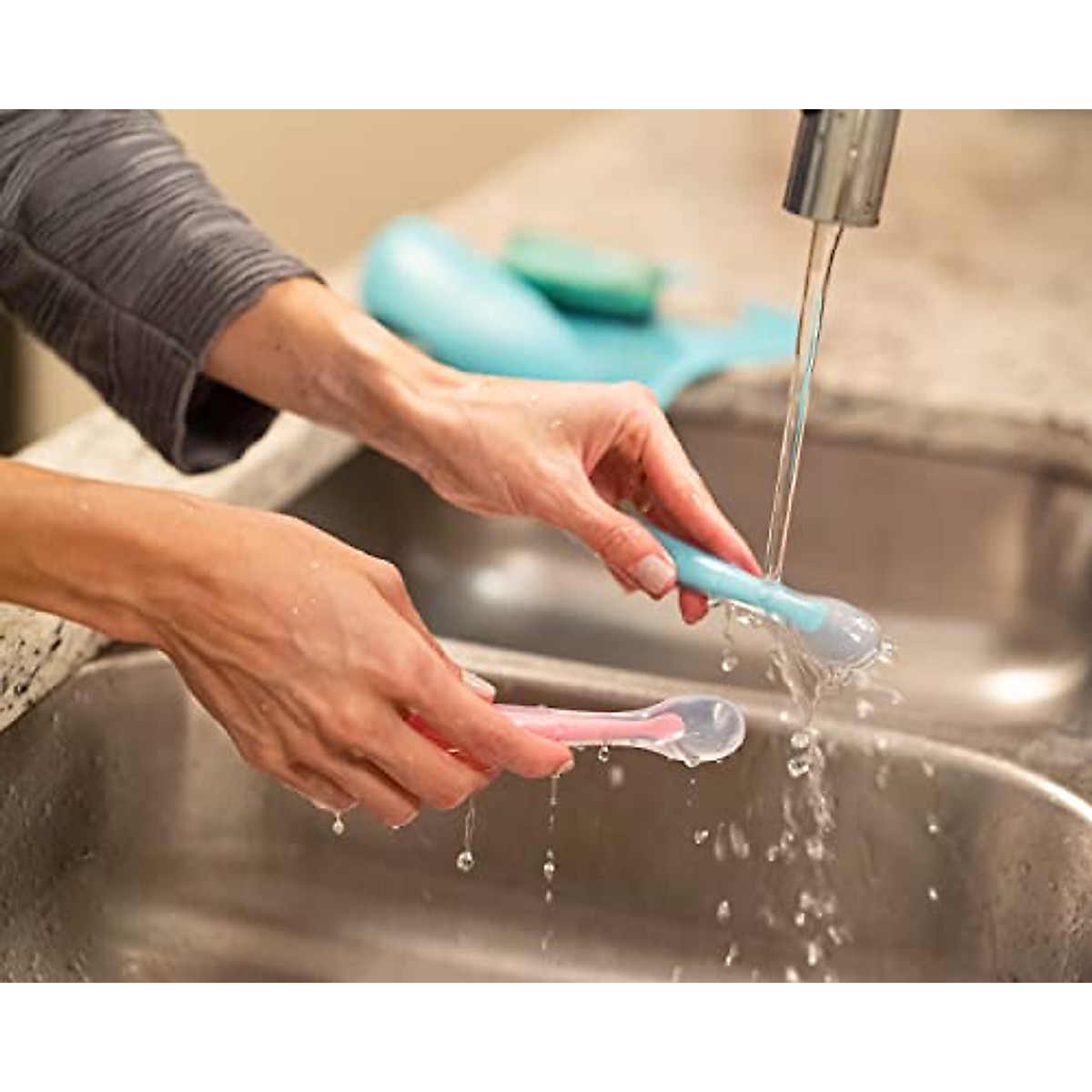 Silicone Bowl and Silicone Plate Easily Wipe Clean! Self Feeding Set Reduces Spills! Spend Less Time Cleaning after Meals with a Baby or Toddler! Set Includes 2 Colors (Lime Green / Turquoise)