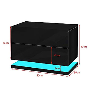 CNCEST Bedroom LED Nightstand, Modern High Gloss Nightstand Side End Table, Nightstand Storage Cabinet, Table Cabinet with 2 Drawers for Living Room Bedroom (Black-50x35x43cmcm)
