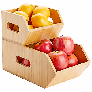 Farmlyn Creek 2 Pack Stackable Bamboo Wood Storage Bins, Organization Boxes for Kitchen Pantry (2 Sizes)