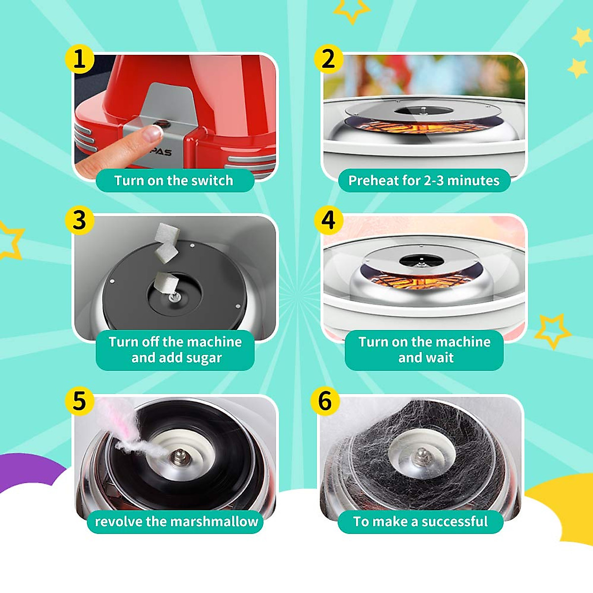 KAPAS Cotton Candy Maker, Red Candyfloss Machine with Sucker for Kids' Party, Holidays