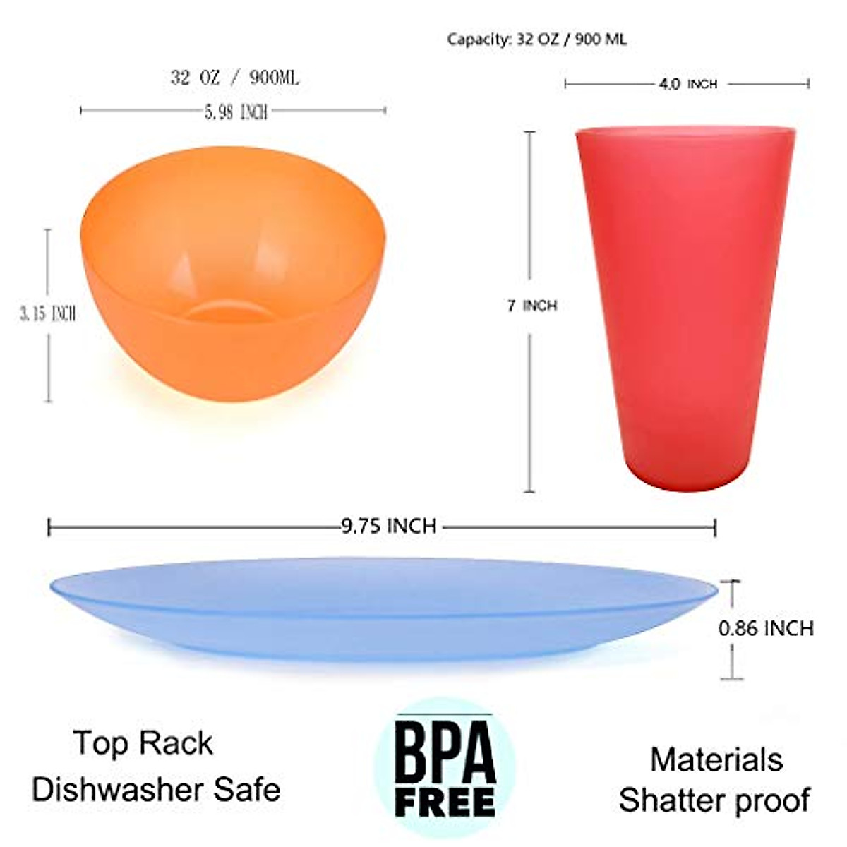 Plastic Dinnerware Unbreakable Plastic Tumblers, Bowls & Plates Dinnerware Set | Set of 18 in 6 Assorted Color | Dishwasher safe, BPA Free