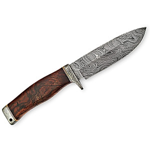 SFG - 11" Fixed Blade Hunting Knife, Damascus Steel Blade, Non-Slip Walnut Wood Handle, Lanyard Hole, Leather Pouch, Hunting, Camping, Backpacking, Fishing, Unique Gift Item For Men