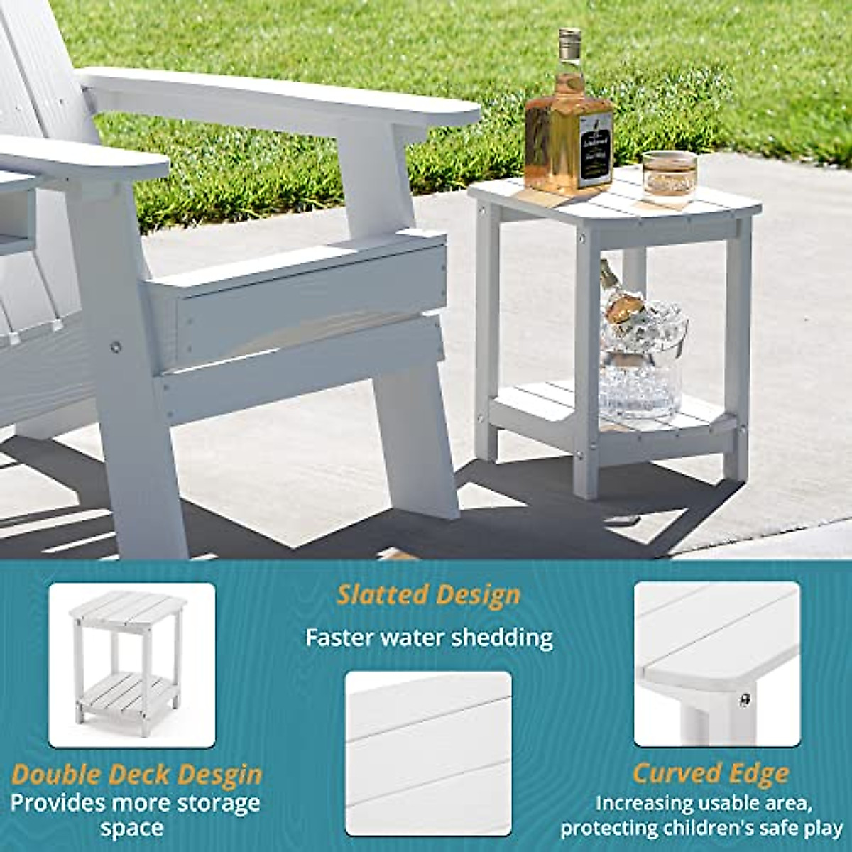 LUE BONA Adirondack Outdoor Side Table, White Poly Outdoor Patio End Table Weather Resistant, Pool Composite Plastic Morden Side Table for Patio, Pool, Porch, Garden, Lawn