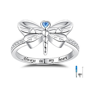 Sterling Silver Dragonfly Urn Ring Always in My Heart Women Ring Animal Memorial Keepsake Cremation Ash Jewelry for Loss of a Loved One
