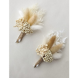 Dried Flowers Boutonnieres Set of 2 for Men Boho Fall Wedding Grooms Buttonhole Rustic Best Man Pampas Grass Dry Flower Decoration (Beige)