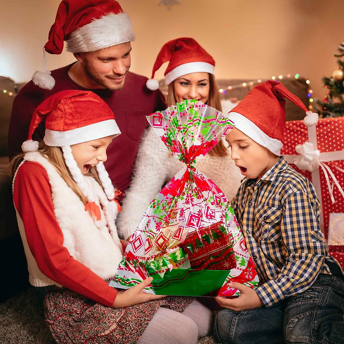 Cholemy 30 Pcs Christmas Large Cellophane Gift Basket Bags 19.7" x 27.6" Xmas Gift Bags Bulk Jumbo Holiday Plastic Gift Wrap Bags with 100 Twist Ties Snowflake Xmas Tree Goody Bags Xmas Party Supply