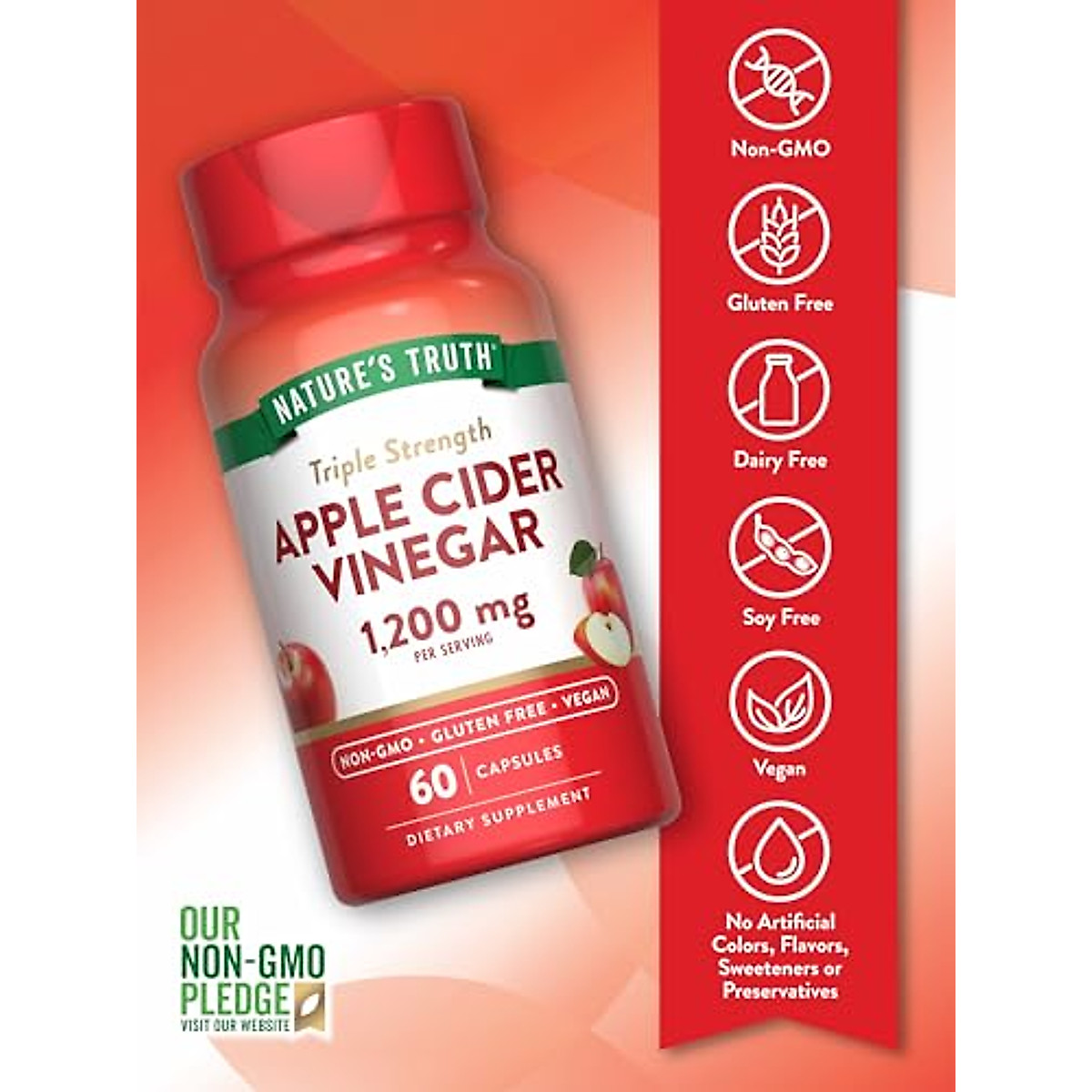 Nature's Truth Apple Cider Vinegar Vegan Capsules | 1200mg | 60 Veggie Pills | Extra Strength | Vegan, Non-GMO and Gluten Free Supplement