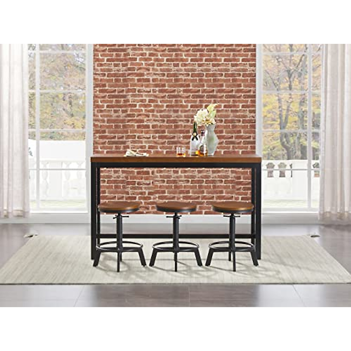 Signature Design by Ashley Quinidad Industrial 4 Piece Set including a Rectangle Counter Height Dining Room Counter Table and 3 Bar Stools, Black & Brown