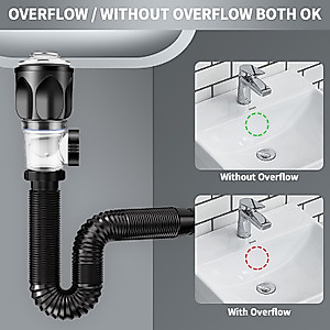 No Need Tools Easy Install Bathroom Sink Drain Kit, 3 in 1 Plumbing, Fits for 1-1/4'' & 1-1/2'' Drain Hole, RV Bathroom Sink Drain Strainer Cover Stopper p trap Flex-drain Drainage Pipe Drain Pipe