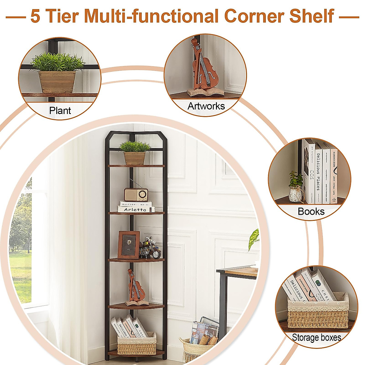 MNEETRUNG Corner Shelf, 5-Tier Industrial Corner Bookshelf, Freestanding Corner Shelf Stand with Metal Frame, Open Corner Plant Stand for Small Space, Home Office, Living Room, Bedroom, Brown