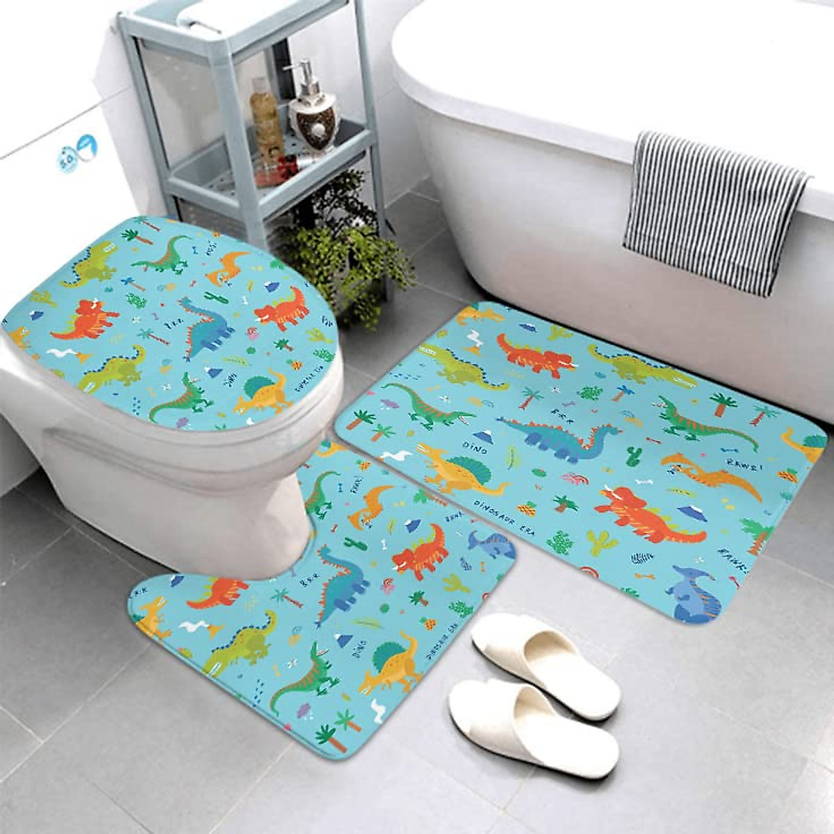LOKMU 4 Pcs Shower Curtain Sets with Non-Slip Rugs, Toilet Lid Cover and Bath Mat,Cute Cartoon Dinosaurs On Blue Waterproof Shower Curtain with 12 Hooks, Bathroom Decor Sets, 72"x 72"