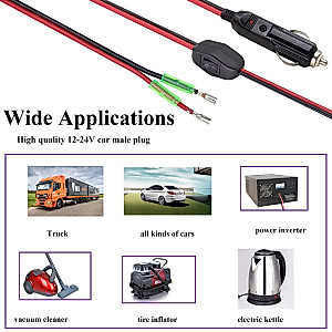 AAOTOKK 12V Male Cigarette Lighter Plug Cable with LED Light,16AWG &10A Fused Replacement Cigarette Lighter Male Plug Adapter to 4mm Interface Leads Plug Extension Cable with Switch(3M/10ft-Leads)