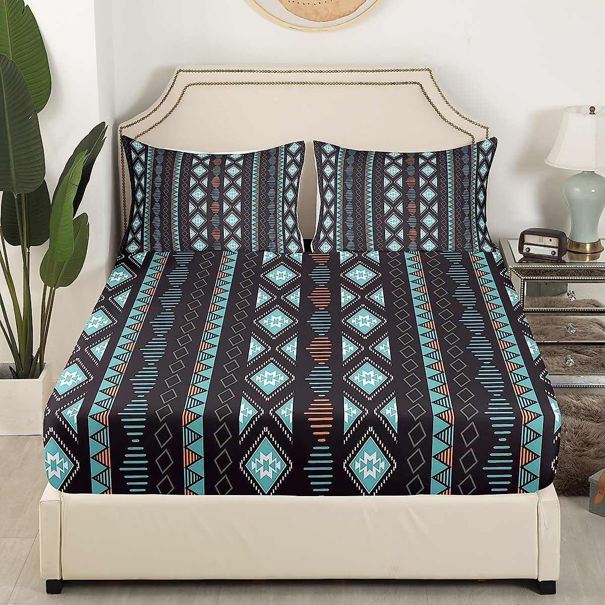 Bohemian Fitted Sheet Boho Aztec Striped Sheet Set for Teens Boys,Tribe Geometry Triangle Bed Sheets Mexican Bed Cover Exotic Nordic Southwestern Decor Full,Black