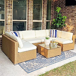 YITAHOME 7 Pieces Patio Furniture Set, Outdoor Sectional Sofa PE Rattan Wicker Conversation Set Outside Couch with Table and Cushions for Porch Lawn Garden Backyard (Yellow+Beige)