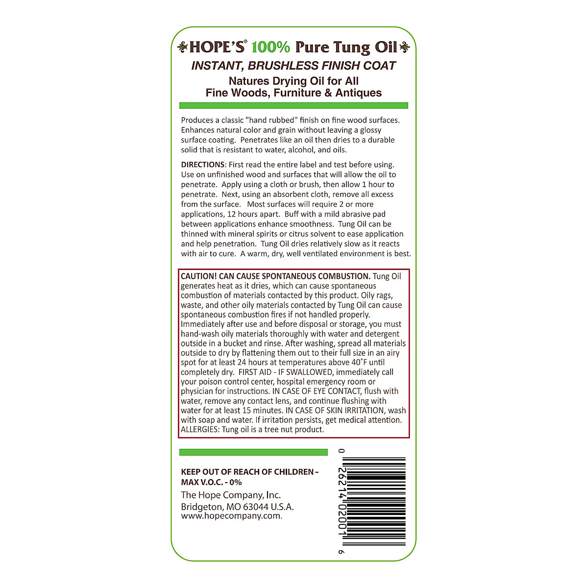 HOPE'S 100% Pure Tung Oil, Food Safe, Premium Waterproof Natural Wood Finish and Sealer for Indoor and Outdoor Projects,16 Fl Oz, 1 Pack