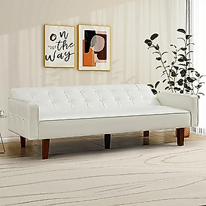 IULULU Futon Sofa Bed, Modern Convertible Faux Leather Sleeper Couch with Armrests for Studio, Office, Apartment, Compact Living, Game Room, Overnight Guests, White