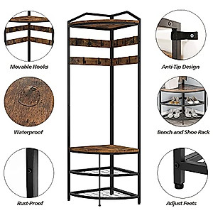 GiftGo Corner Hall Tree with Shoe Bench Entryway Coat Rack with 10 Metal Movable Hooks Freestanding Clothes Rack Shoes Shelf Organizer for Home Office Bedroom (Rustic Brown)