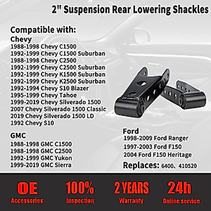 Suspension Rear Lowering Shackles 2" Leaf Spring Drop Shackle Kit fit for Chevy C1500 C2500 K1500 K2500 Suburban S10 Blazer Tahoe Silverado 1500 GMC Yukon Sierra Ford Ranger F150 Replaces 6400 410520