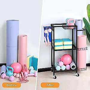 Yoga Mat Storage Rack Weight Rack for Dumbbells Home Gym Storage Rack Workout Equipment Storage Cart Hooks for Yoga Mats, Dumbbells, Kettlebells, Foam Rollers, and Resistance Bands, Black