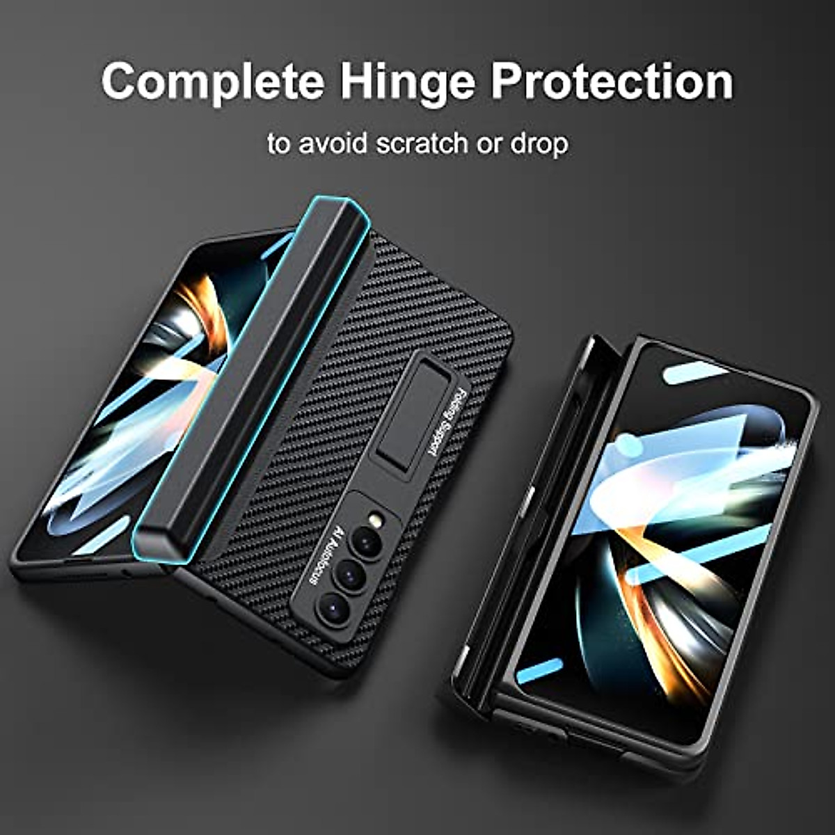 Libeagle Compatible with Samsung Galaxy Z Fold 4 Case, Built in Hidden S Pen Holder to Avoid Pen Lost, Leather on Back, Screen Protector, Hinge Protection, Wireless Charging Cover 5G 2022-Carbon Fiber