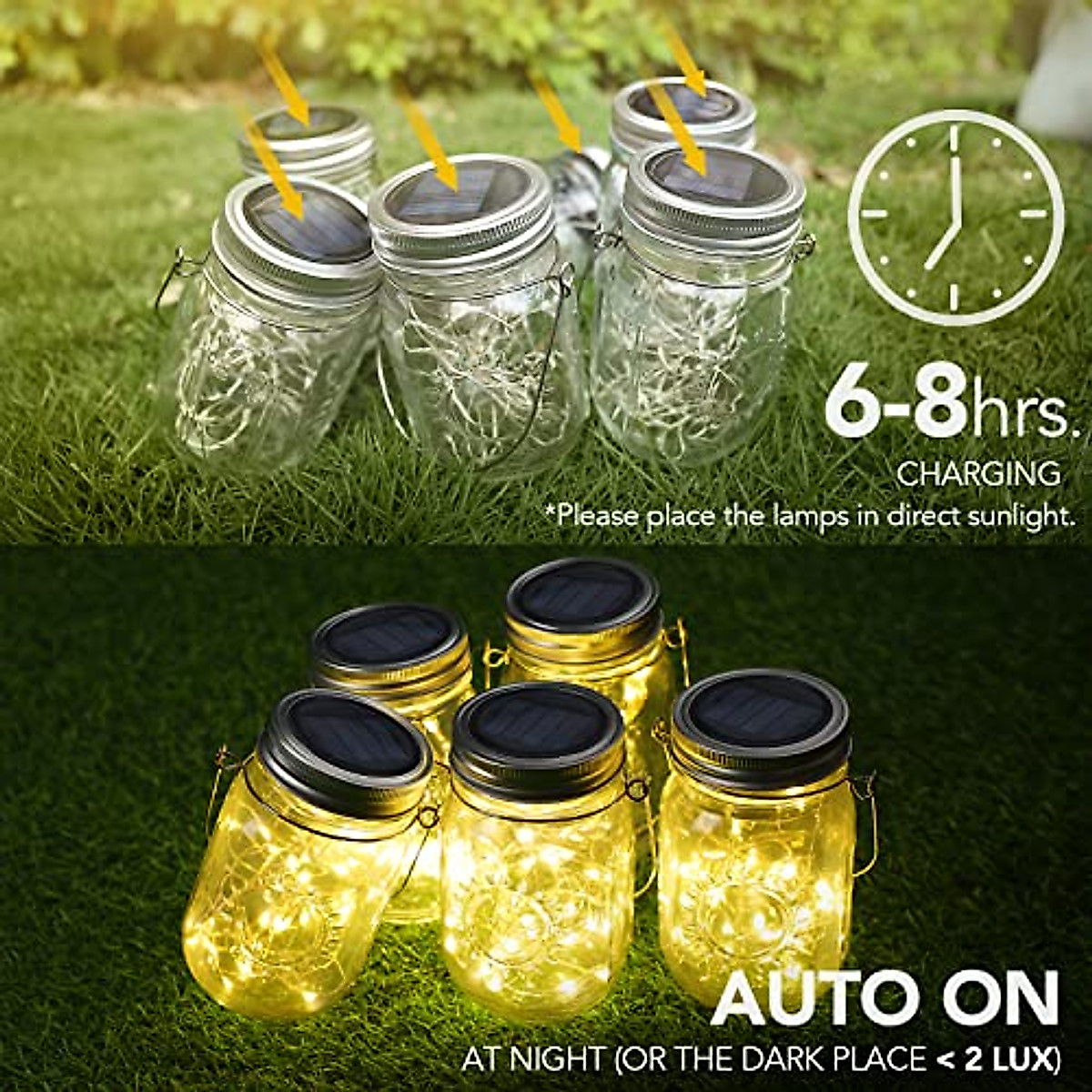 Mlambert Mason Jar Solar Lights 30 LEDs, 6 Pack Hanging Solar Lights Outdoor, Waterproof Fairy Lights Solar Lanterns for Patio Garden, Hangers and Jars Included- Warm White