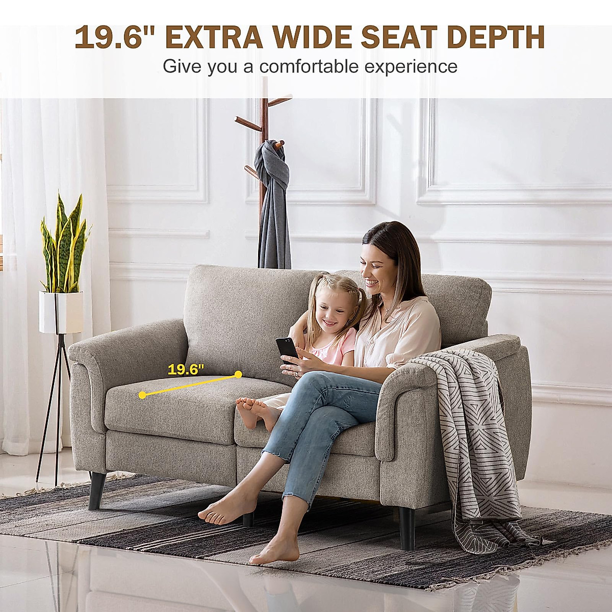 CDCASA Loveseat Sofa, Linen Fabric Mid Century Modern Love Seats Couches, Upholstered 2-Seater Sectional Sofa Small Couch w/Wood Legs for Living Room, Bedroom, Small Space, 1PCS, Light Brown