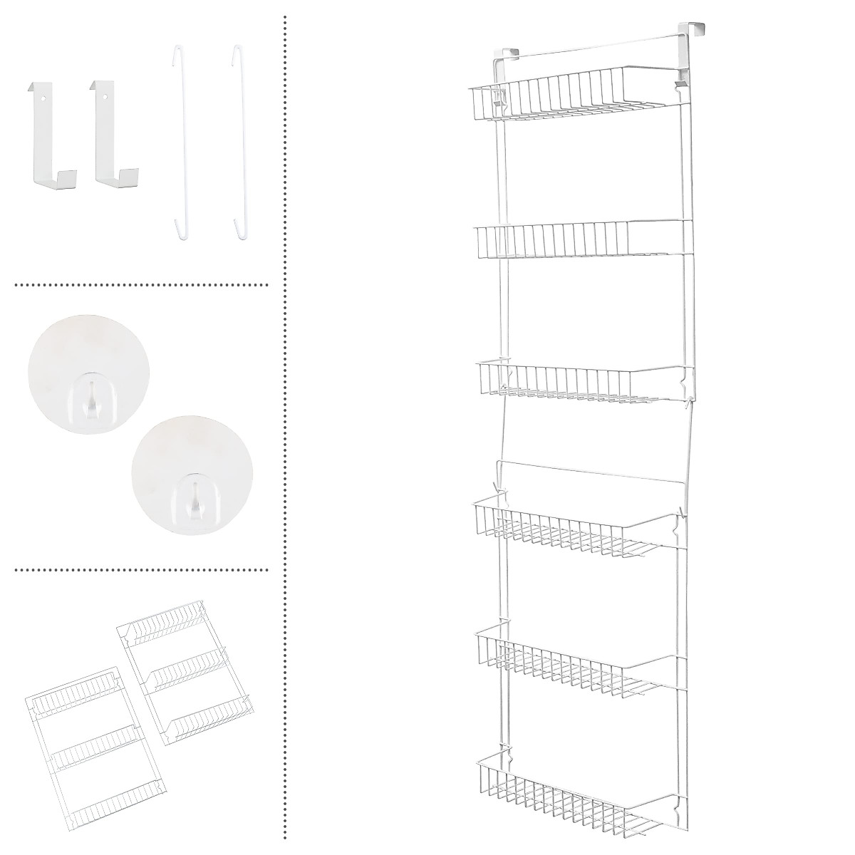 Lavish Home Powder Coated Steel Closet Organizer, 6-Tier Shelves, Over the Door Pantry Organizer, with Adhesive Hooks, White