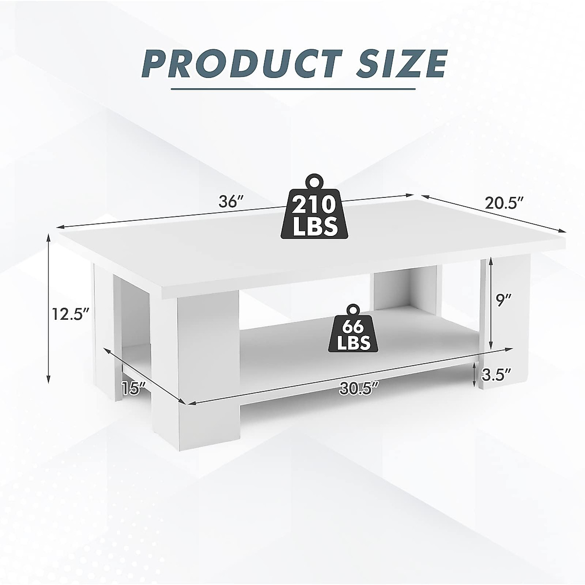 Tangkula 2-Tier Coffee Table, Modern Rectangular Center Cocktail Table with 5 Support Legs, Wooden Accent Living Room Furniture, Small Coffee Table for Small Spaces, Easy Assembly (White)