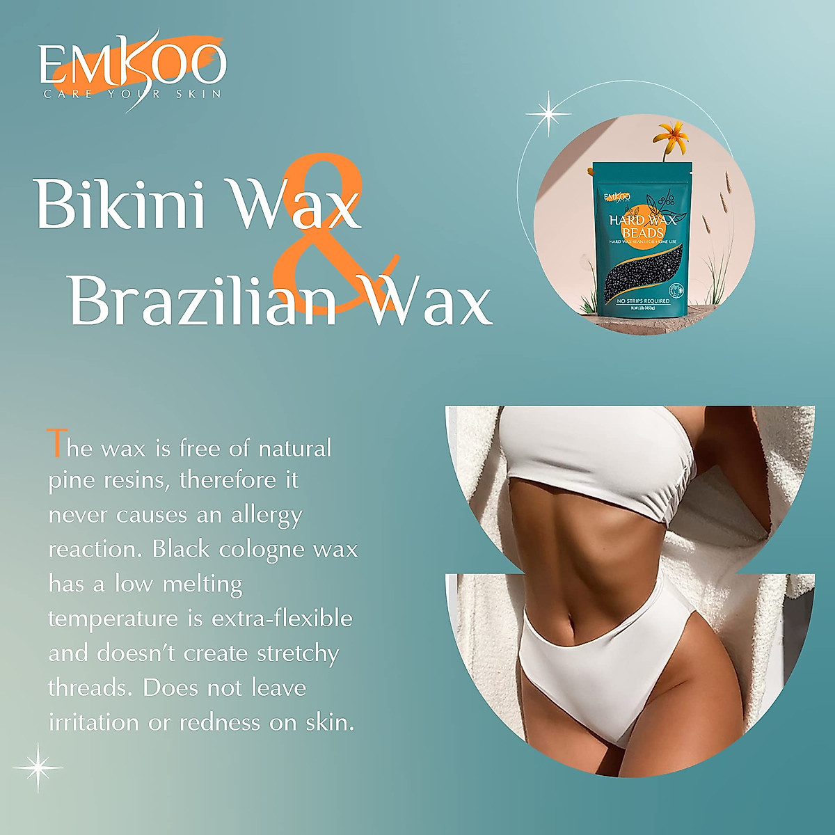 Hard Wax Beads, EMKOO Waxing Beads for Coarse Hair Removal, At Home Self Wax Beans for Underarms, Legs, Eyebrows, Bikini and Brazilian Waxing, Black 1lb Refill Wax for Any Wax Warmer Kit