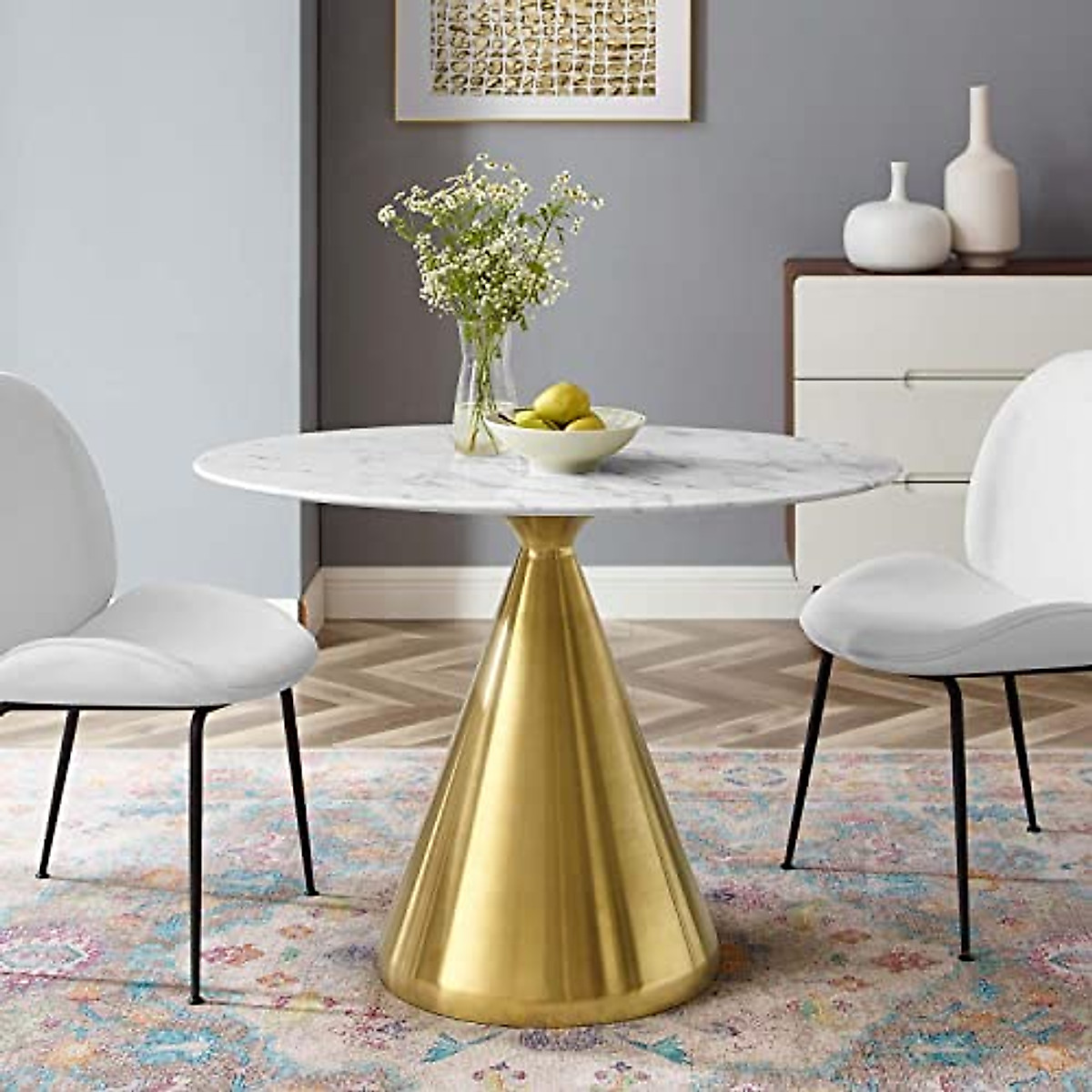 Modway Tupelo Oval Artificial Marble 42" Dining Table, 42 Inch, Gold White