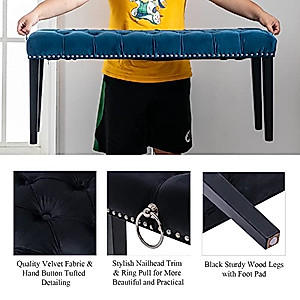 DUOMAY Tufted Ottoman Bench w/Ring Pull, Velvet Dining Bench Entryway Bench Footrest Stool Padded Seat for Living Room Bedroom, Black