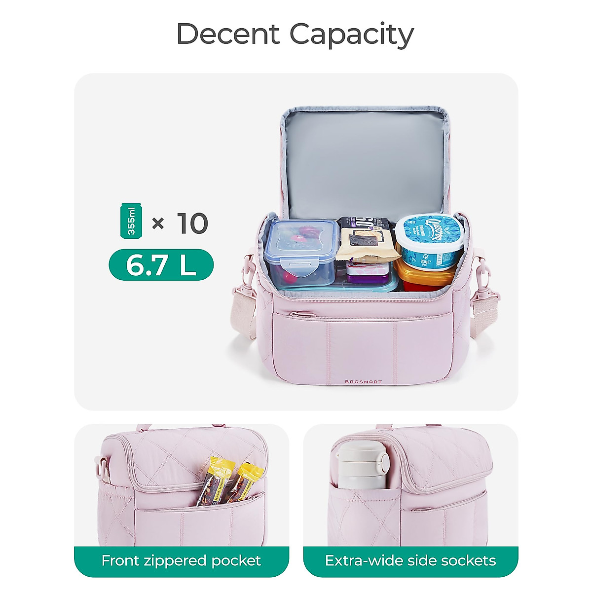 BAGSMART Insulated Lunch Bags for Women, Cute Quilted Lunch Box, Lightweight Puffy Padded Waterproof Lunch Tote, Reusable Lunch Cooler for Work Picnic Travel, Pink