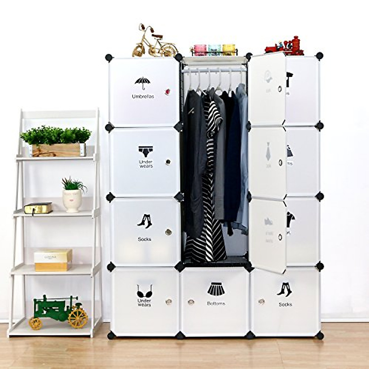 UNICOO - Multi Use DIY Plastic 12 Cube Organizer, Toy Organizer, Bookcase, Storage Cabinet, Wardrobe Closet White with Door Sticker (Deeper Cube - White)