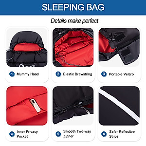 QEZER Down Sleeping Bag for Adults 600 Fill Power Down Sleeping Bag Cold Weather Ultralight Sleeping Bag with Compression Sack for Backpacking, Camping, Hiking (1000g Down Filling-Black-Right Zip)