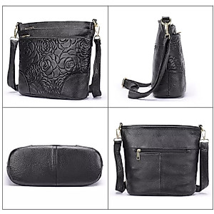 Aslana Floral-Embossed Genuine Leather Shoulder Crossbody Bag Handbag for Women (Floral-Embossed Black)