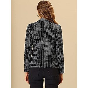 Allegra K Women's Elegant Plaid Jacket Long Sleeve Open Front Tweed Blazer Medium Black
