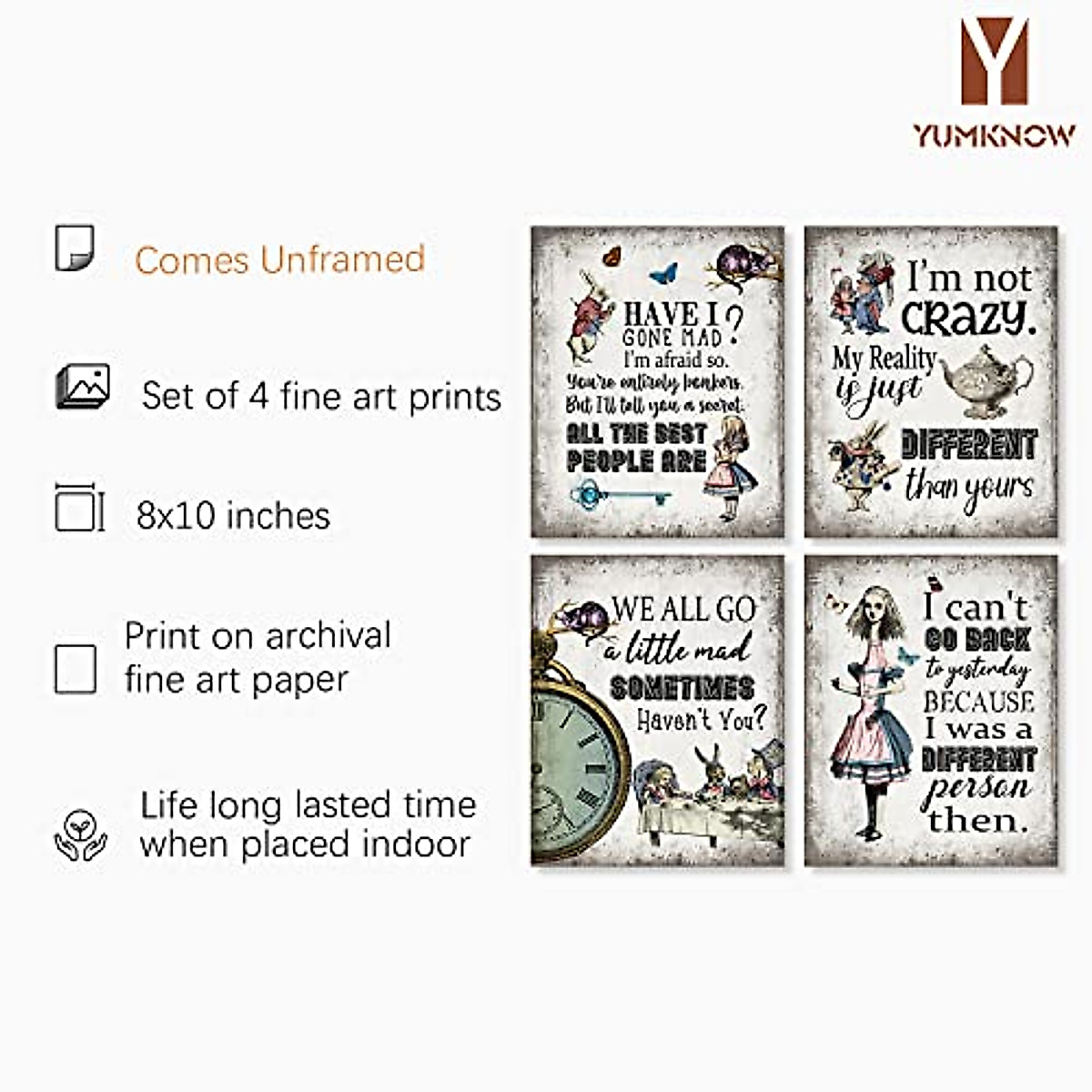 Alice in Wonderland Wall Art Decor - Alice Inspirational Saying Quotes Poster Prints Room Decor, Motivational Wall Art for Alice Fans, Self Affirmation Gift for Women Teen Girl Cheshire Cat Mad Hatter