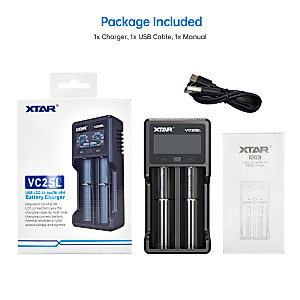 XTAR VC2SL 18650 Battery Charger 2 Bay Smart Universal Charger with LCD Display for Rechargeable Batteries Ni-MH Ni-Cd AA AAA Li-ion IMR 18650 18700 20700 21700 22650 25500 26650