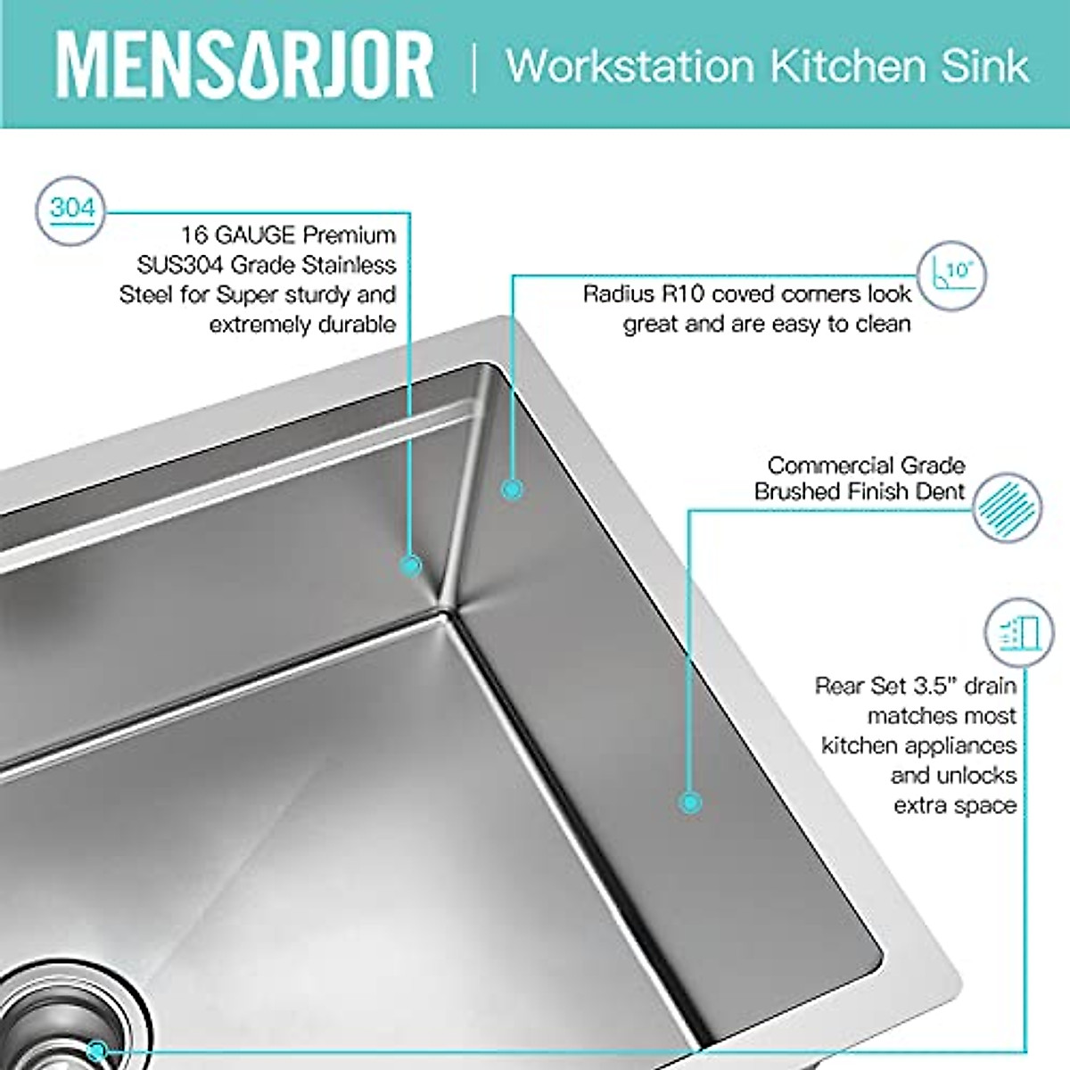 MENSARJOR 14 x 19 Inch Workstation Undermount Single Bowl 16 Gauge handmade NEW MODEL Stainless Steel Kitchen sink …