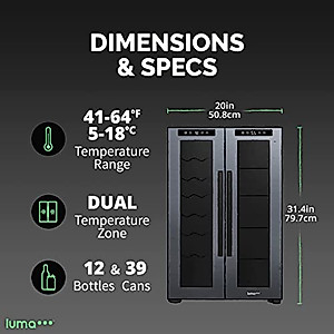 Luma Comfort Shadow Series Wine Cooler Refrigerator 12 Bottle & 39 Can Dual Temperature Zones, Freestanding Mirrored Wine and Beverage Fridge with Double-Layer Tempered Glass Door & Compressor Cooling