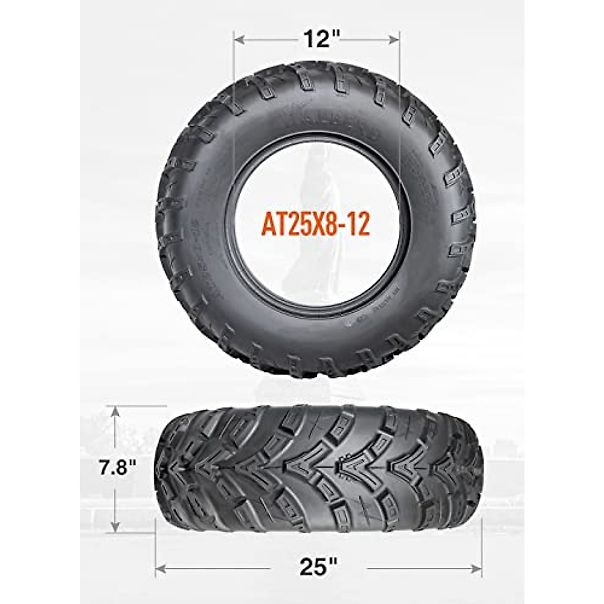 HALBERD 6PR ATV/UTV Tires, 25x8-12 All Terrain 15mm Tread Depth 25x8x12 Trail Sand Off-Road Tires, Set of 2 ATV Tires
