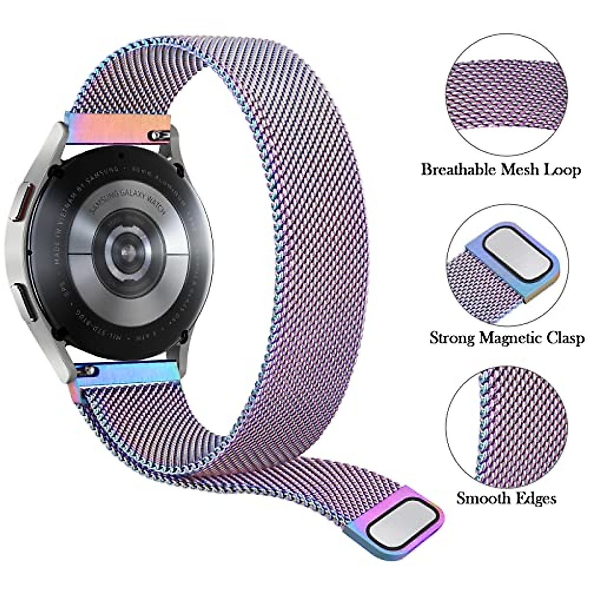 Wanme for Samsung Galaxy Watch 4 Band 40mm 44mm, Galaxy Watch 4 Classic Bands 42mm 46mm Women Men, 20mm Stainless Steel Metal Replacement Bracelet Strap for Samsung Watch 4 Bands (Colorful)