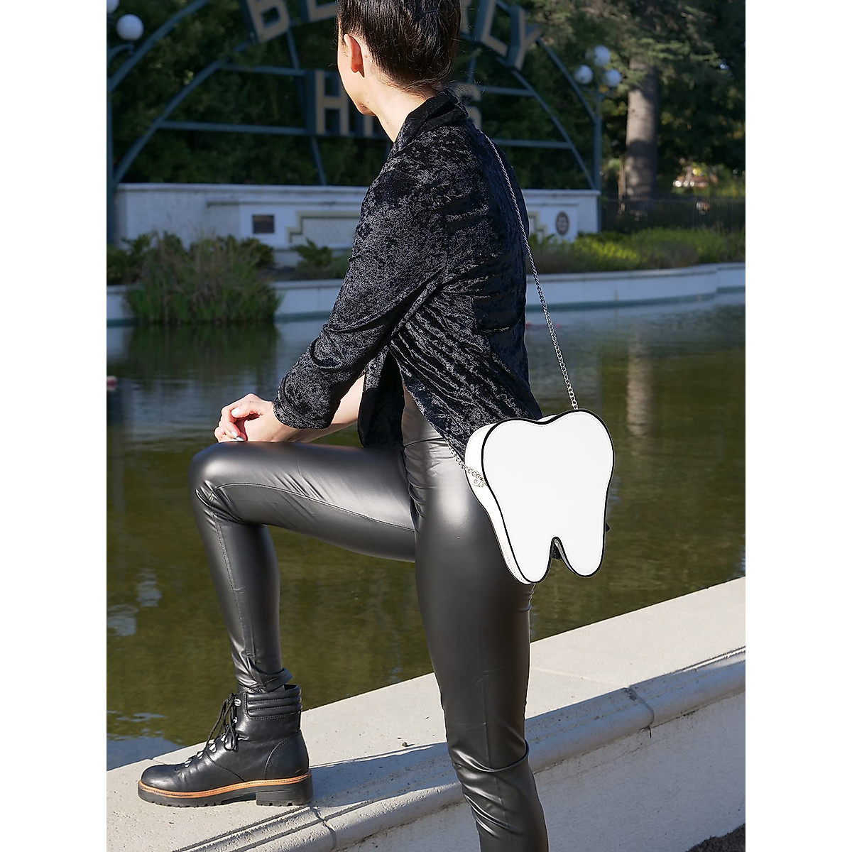 happyteeth Tooth Purse | Tooth Shape Handbag PU Crossbody Metal Chain Shoulder Bag Adjustable Strap Clutch